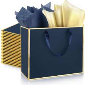 relithick 12 pack metallic paper gift bag with handles and tissue paper 11.8 x 10 x 4'' thank you favor bag for fall party thanksgiving day christmas birthday wedding bridesmaid(navy blue, gold)