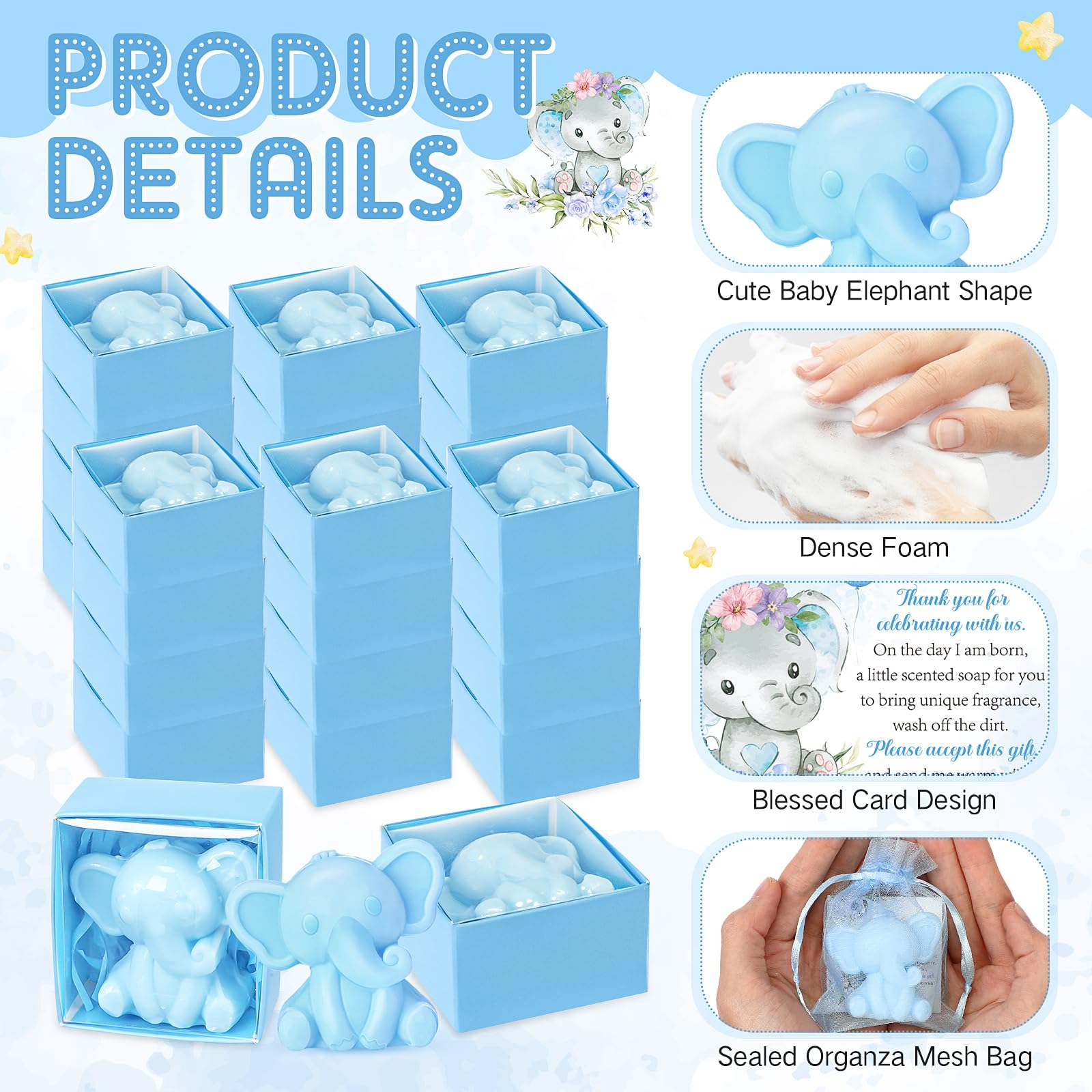 Maxcheck 50 Pcs Baby Shower Elephant Soaps Favors with Organza Bags Thank You Cards Handmade Cute Scented Soap Elephant Decorations Bulk for Guests Girl Boy Baby Shower Gifts Party Souvenirs(Blue)