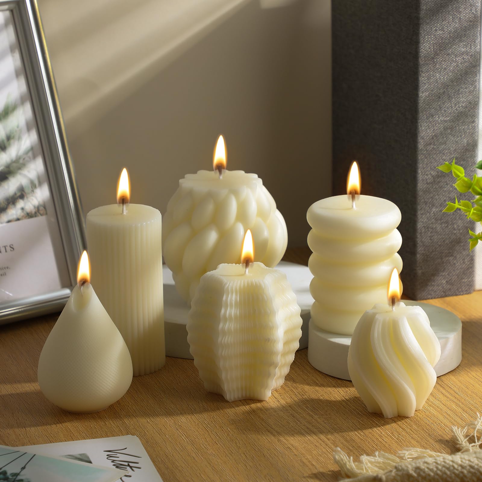 Threlaco 6 Pcs Ribbed Pillar Aesthetic Candles Set White Swirl Scented Soy Wax Twirl Candle Modern Geometric Decorative Idea Candle for Bathroom Housewarming Gift Home Living Room Shelf Decor