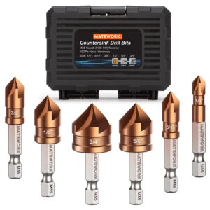 countersink drill bit set, m35 cobalt hss countersink drill bits 6 pieces 1/4 inch quick change hex shank for metal, wood, stainless steel, carbon steel