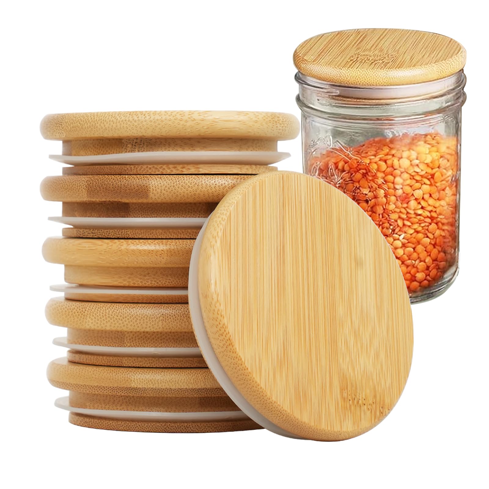 JSATFUL Mason Jar Bamboo Lids, 86mm/3.4 inch Natural Wooden Mason Jar Lids, Food Grade Material Silicone Sealing, 100% Fit and Airtight for Wide Mouth Mason Jars (6PCS Wide Lids)