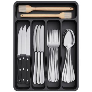 lifewit silverware drawer organizer tray, plastic cutlery storage for kitchen drawer, flatware and utensil holder divider for spoons forks knives tableware, 5 compartment, black