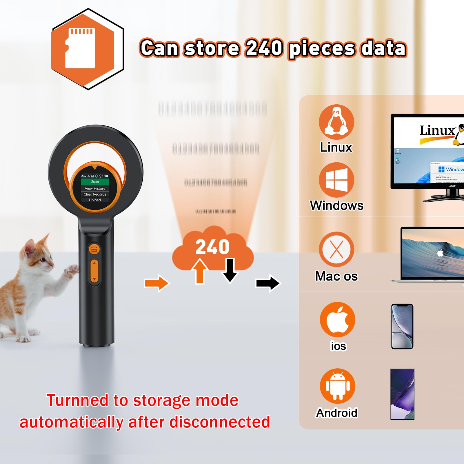 Pet Microchip Scanner,Alacrity 3-IN-1 Connections(2.4GHz Wireless+Bluetooth+USB)Animal Universal Microchip Tag Reader Scanner with 1.44” TFT Screen,800mA*H Rechargeable Battery,240 Pieces Data Storage