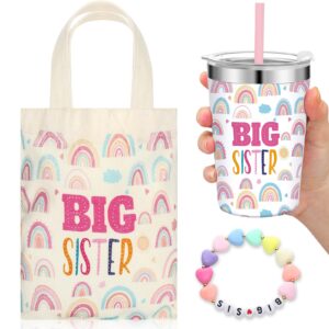 shinylin 3 pcs big sister gift for girls 12 oz pink big sister cup stainless steel mug vacuum insulated tumbler with leak proof lid and straw big sister canvas tote bag and bracelet for little girls