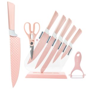 bakedger 7 pieces knives set, ultra sharp, attractive design, chef knife, slicing knife, bread knife,utility knife paring and shears, scissors, peeler, stylish design, pink