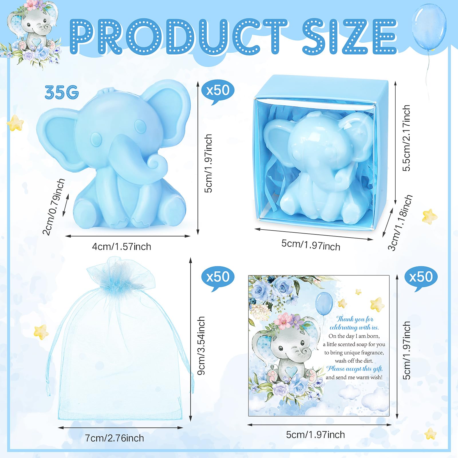 Maxcheck 50 Pcs Baby Shower Elephant Soaps Favors with Organza Bags Thank You Cards Handmade Cute Scented Soap Elephant Decorations Bulk for Guests Girl Boy Baby Shower Gifts Party Souvenirs(Blue)