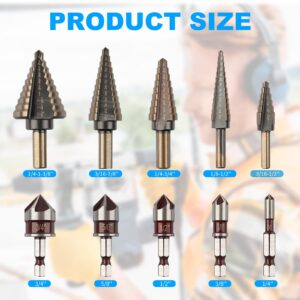 Rocaris 5 Pack Step Drill Bit & 5 Pack M2 Countersink Drill Bit Set, Titanium Coated, 50 Sizes of Step Bit for Metal with Aluminum Case, Multiple Hole Stepped Up Bits for DIY