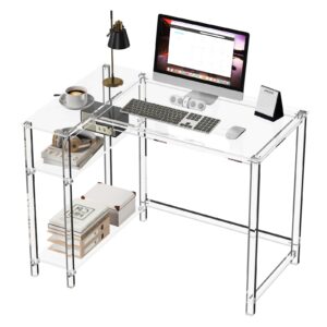 eglaf acrylic l-shaped desk - clear desk with reversible storage shelves - modern home office desk corner desk for study, writing, rectangular legs, easy assembly, 39.4" l x 27''w x 29.5" h