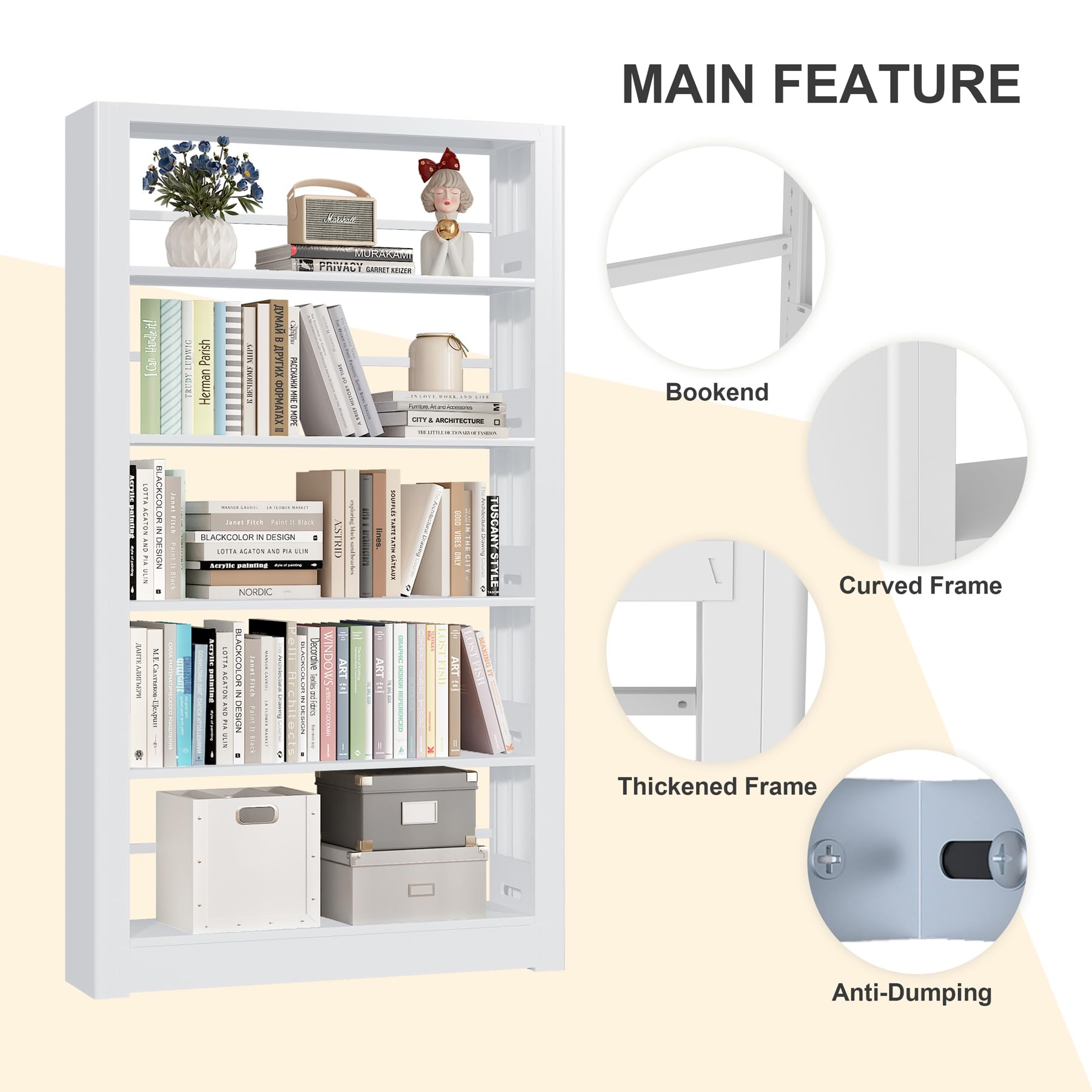 LyAosdFu Heavy Duty Metal Bookshelf, 5 Shelf Adjustable Bookcase, 69’’ Tall Modern Bookshelves, Open Book Shelf Organizer, Large Sturdy Book Case for Living Room, Library, Office, White Book Shelf