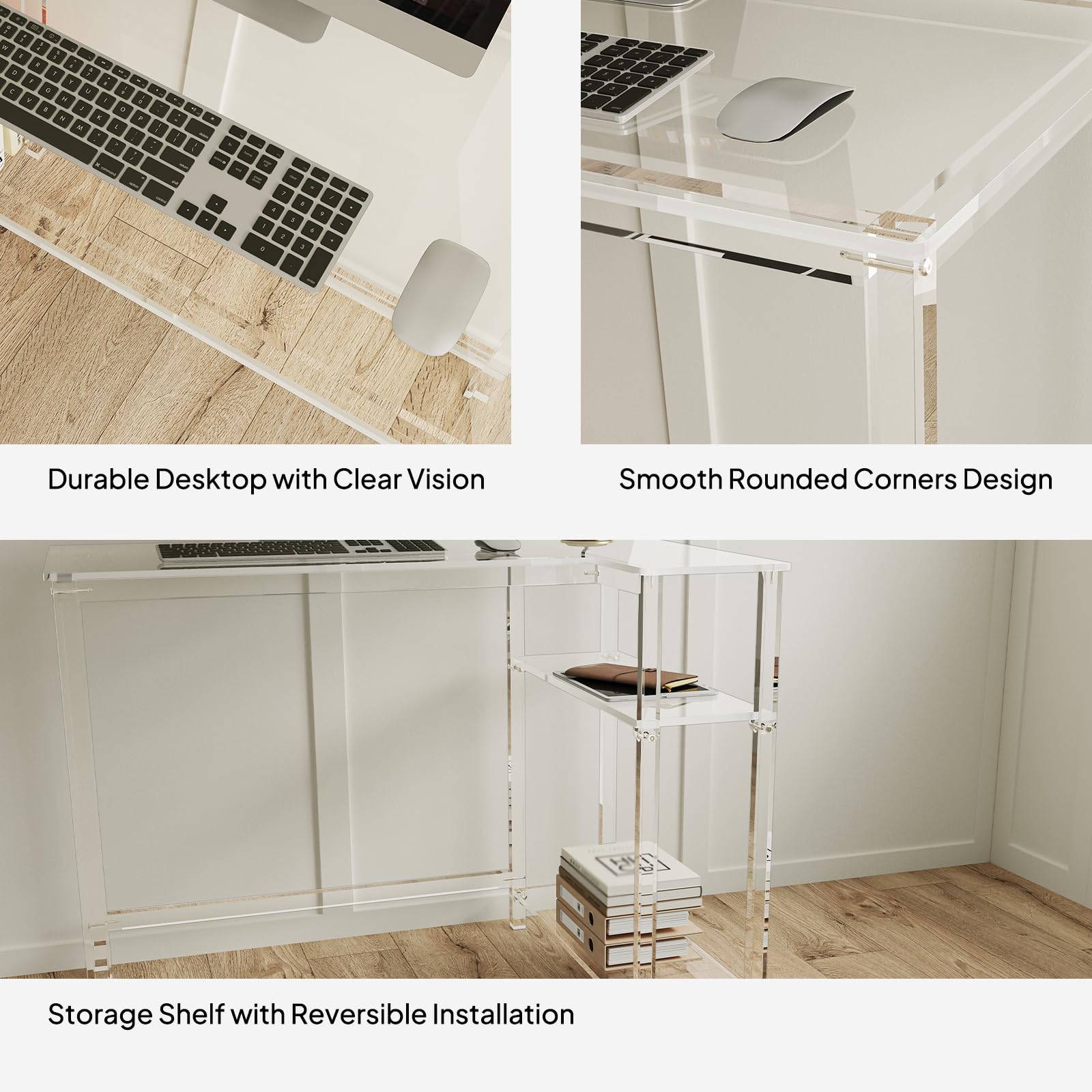 Eglaf Acrylic L-Shaped Desk - Clear Desk with Reversible Storage Shelves - Modern Home Office Desk Corner Desk for Study, Writing, Rectangular Legs, Easy Assembly, 39.4" L x 27''W x 29.5" H