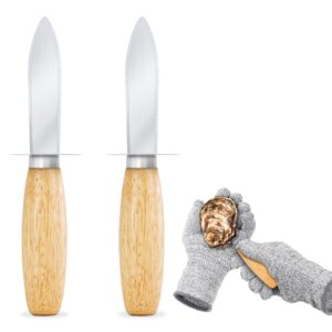 oyster shucking knife, 2 pack oyster shucker oyster knife with professional grade cut resistant gloves, stainless steel oyster shucker clam knife, seafood opener seafood tools