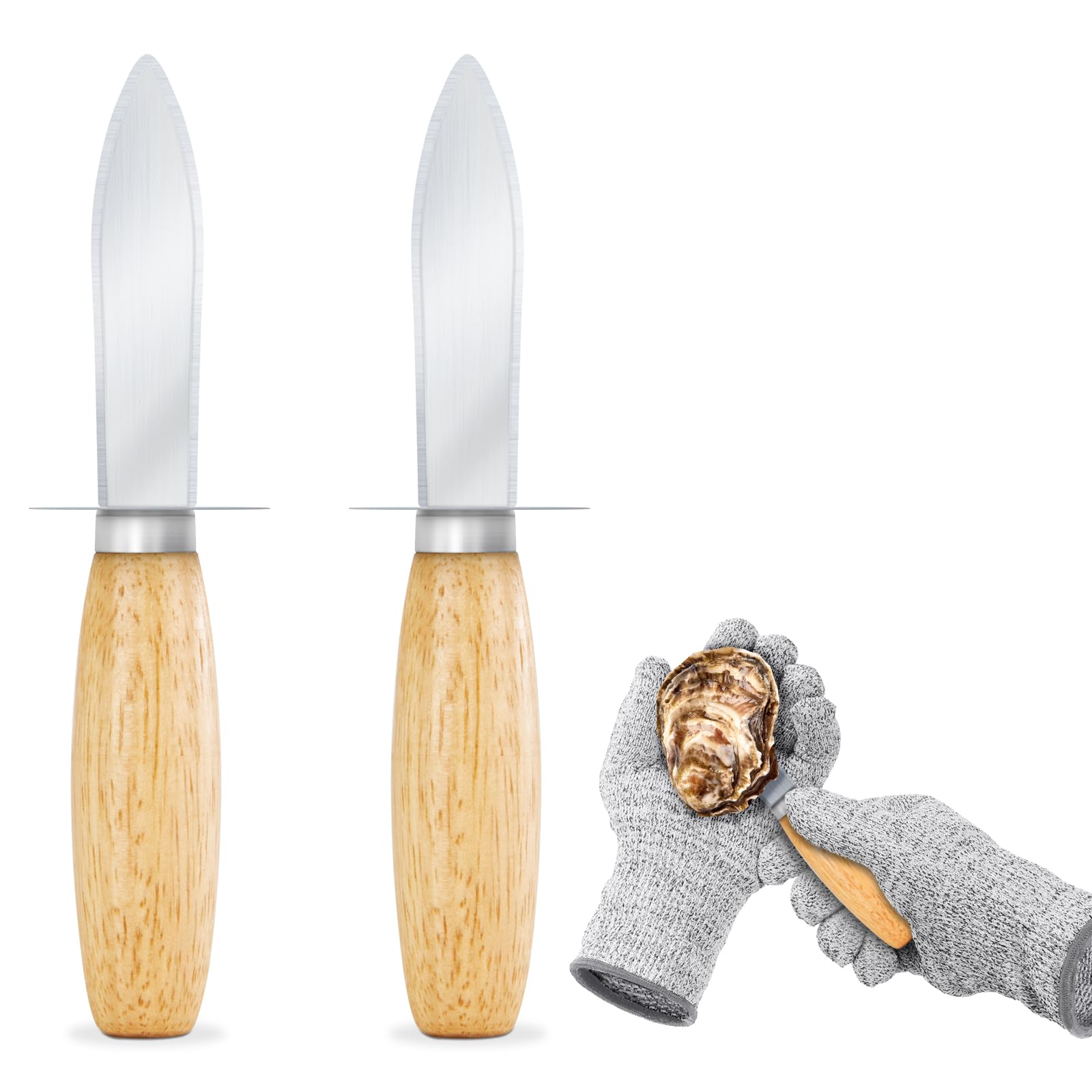 Oyster Shucking Knife, 2 Pack Oyster Shucker Oyster Knife with Professional Grade Cut Resistant Gloves, Stainless Steel Oyster Shucker Clam Knife, Seafood Opener Seafood Tools