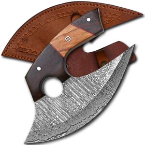 rc damascus ulu knife with free leather sheath-7.4"handmade pizza cutter with non-slip handle-alaskan ulu knife used for multi-purpose and gifting"your satisfaction its ultimate goal!