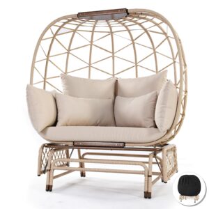 nicesoul® double wicker rocking egg chair, oversized egg basket lounge chair for 2 persons, patio gliding egg chair with legs thick cushions 500 lbs large loveseat for indoor outdoor beige with cover