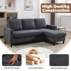 Siiejia Convertible Sectional Couches for Living Room, L-Shaped Couch 3 Seats Sofas with Storage Chaise & 2 Cup Holders, Small Sofa for Apartment, Compact Spaces, Dark Grey