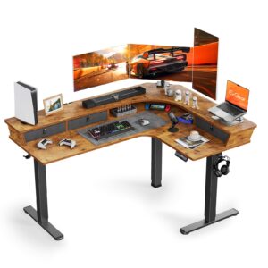 ergear 65″ l shaped standing desk for gaming, [3 drawers & 2 cable management trays] corner stand up desk w/monitor shelf height adjustable for home office, vintage brown