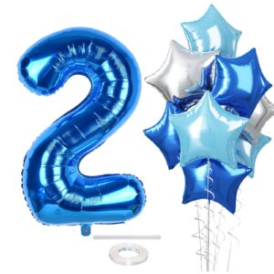 2nd birthday balloon for boys, 40 inch balloon number 2 dark blue, large foil mylar star two balloon light royal blue silver, helium globos azules 2 balloon for birthday graduation party decoration