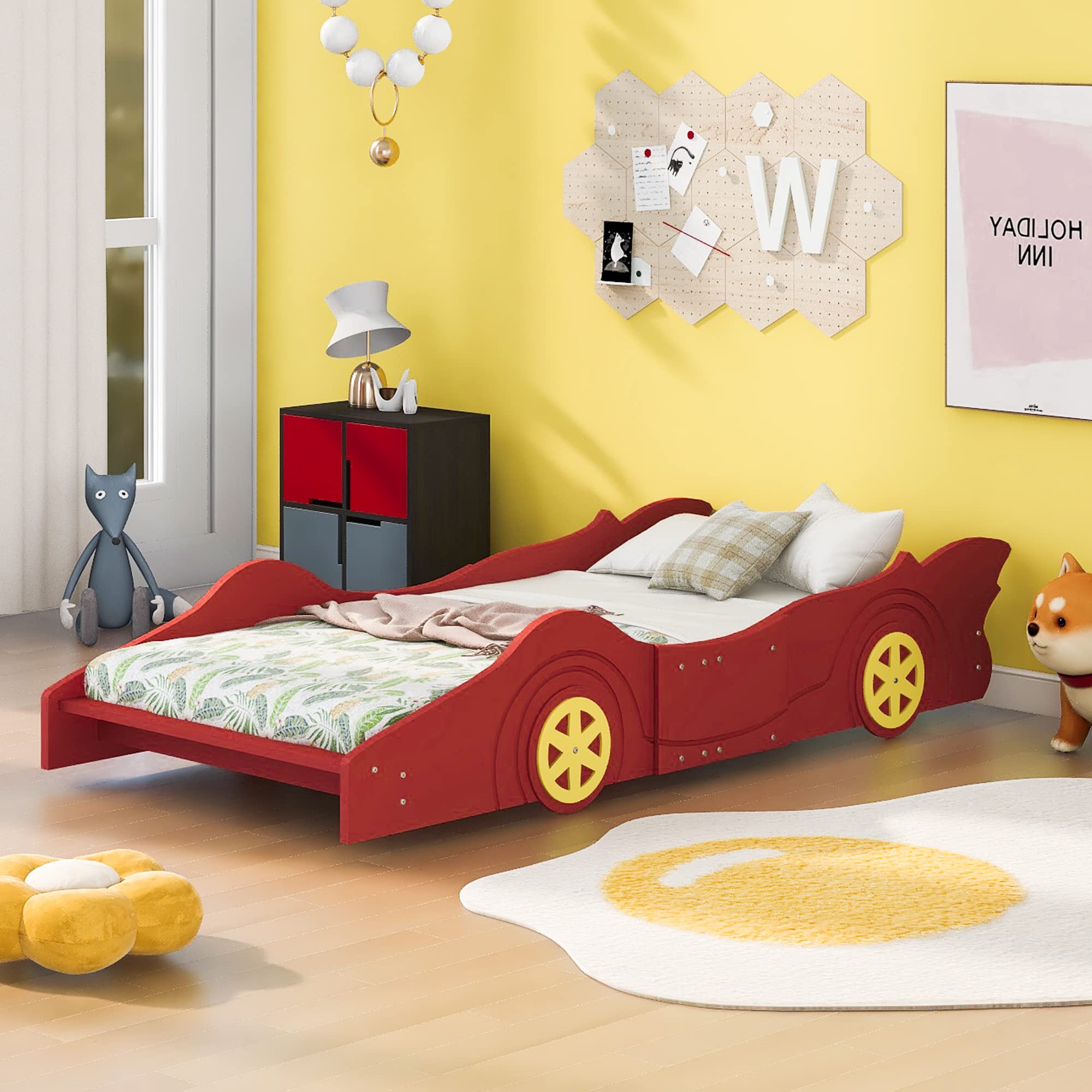 RORIGAT Twin Size Race Car-Shaped Platform Bed with Wheels,Wooden Loft Bed Frame,Cute Racing Bed for Kids Boys and Girls,Red