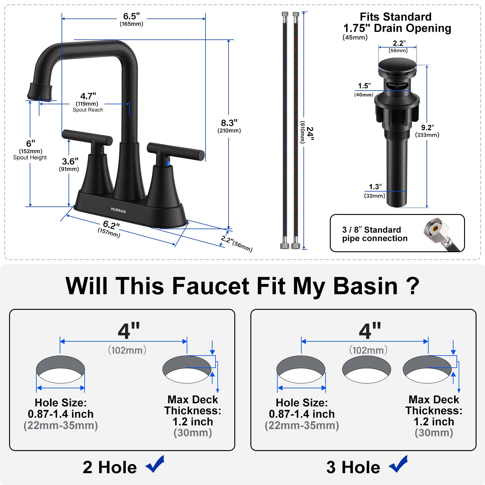 Matte Black Bathroom Sink Faucet, Hurran 4 inch Bathroom Faucets for Sink 3 Hole with Pop-up Drain and Supply Hoses, 360 Swivel Spout Centerset Faucet for Bathroom Sink Vanity RV Farmhouse, 2 Pack