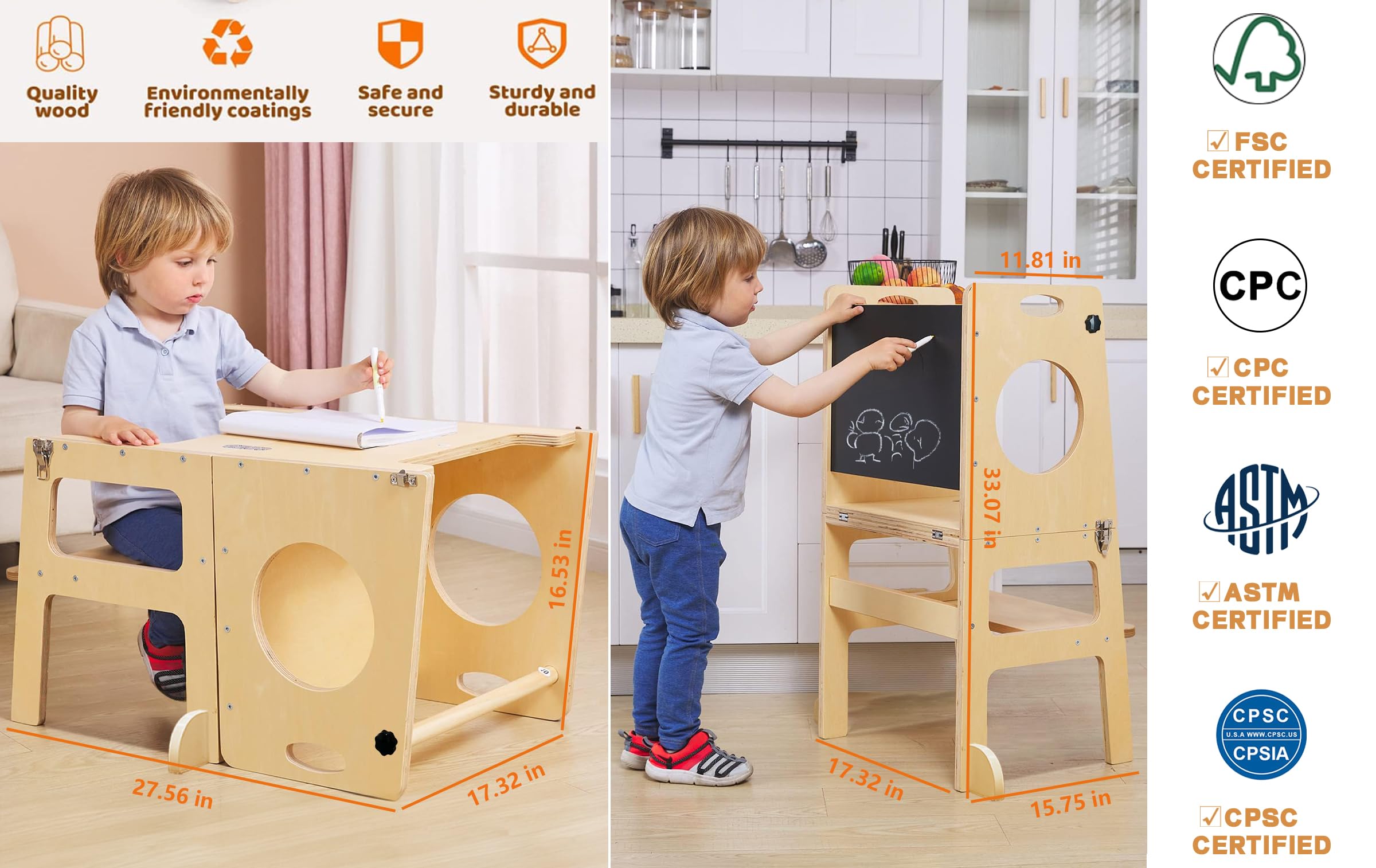 Foldable 4-in-1 Study Tower with Chalkboard for Learning, Montessori Kitchen Step Stool Toddlers Folding Stool for Kids 1-6years Ideal Helper