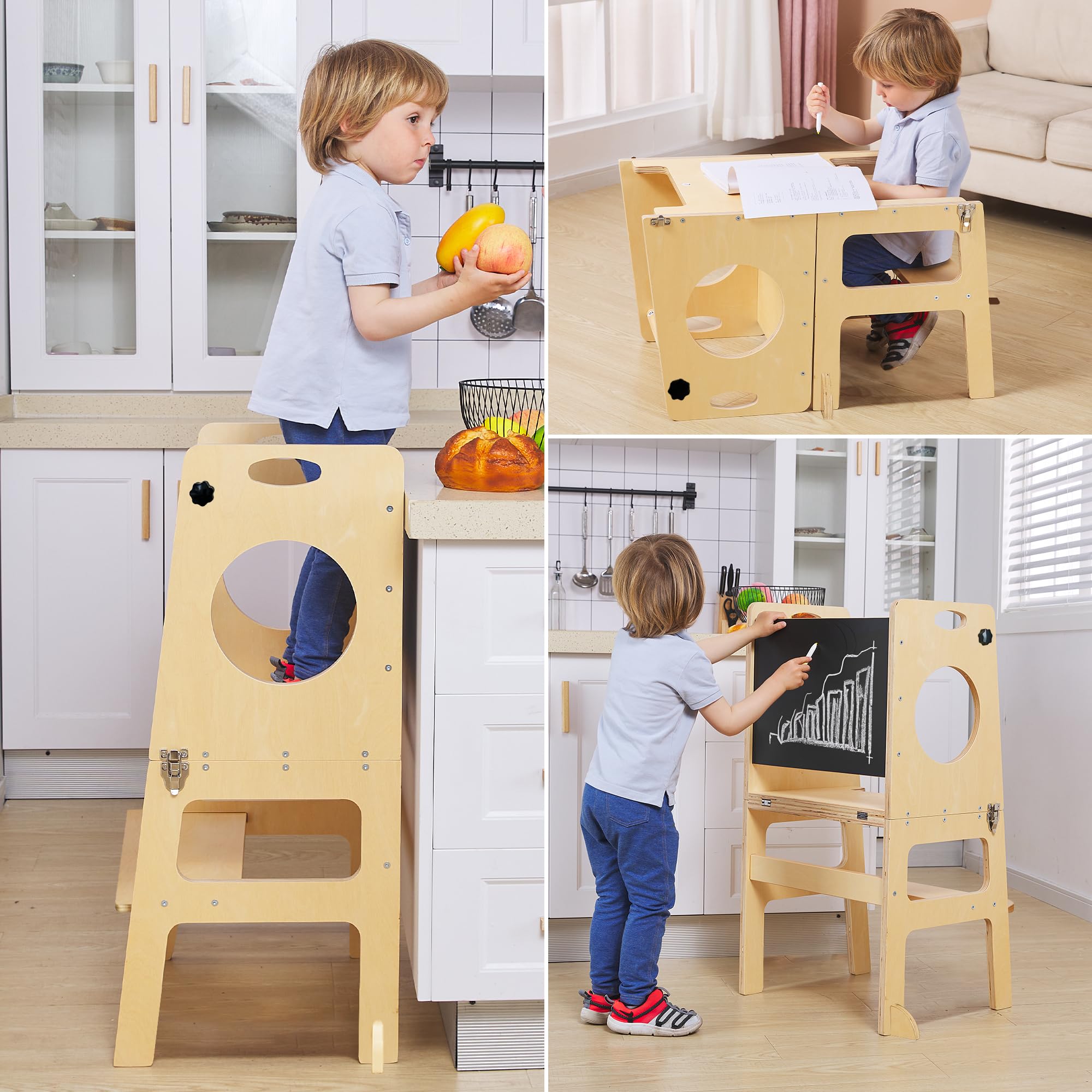 Foldable 4-in-1 Study Tower with Chalkboard for Learning, Montessori Kitchen Step Stool Toddlers Folding Stool for Kids 1-6years Ideal Helper