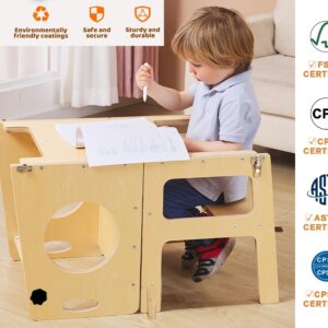 Foldable 4-in-1 Study Tower with Chalkboard for Learning, Montessori Kitchen Step Stool Toddlers Folding Stool for Kids 1-6years Ideal Helper