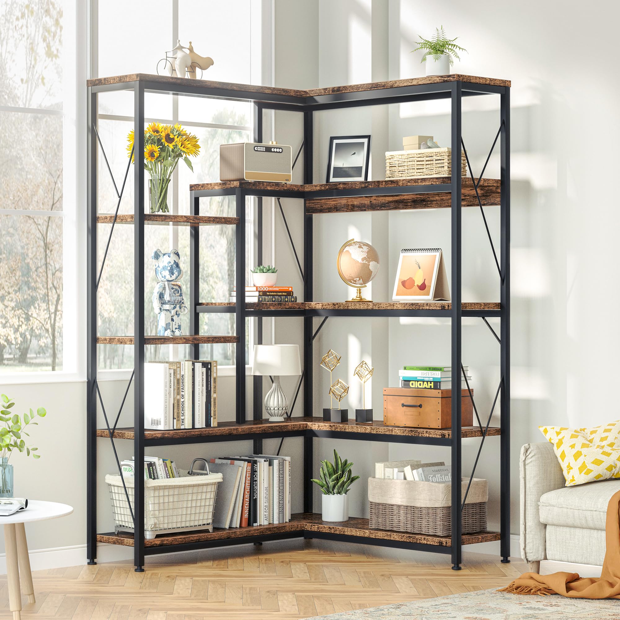 JAMFLY 5-Tier Corner Bookshelf, Industrial Corner Bookcase, Book Shelves with Metal Frame, Large Open Display Bookshelves, L-Shaped Shelf for Living Room, Home Office, Rustic Brown