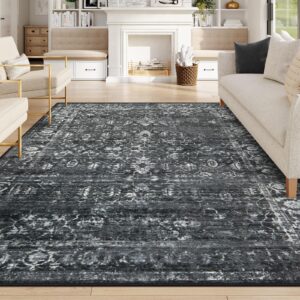 lahome 8x10 area rugs for living room washable rugs 8x10 black large rug indoor carpet, vintage distressed rug soft non slip area rug for bedroom dining room home office(8 x 10, black/grey)