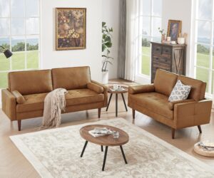 hifit sofa couch set for living room, mid century modern faux leather sofa with deep love seat & fluffy cushion, living room furniture sets, small sectional couch for bedroom/office/small space, brown