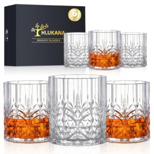 hlukana unbreakable plastic whiskey glasses set of 6, 14 oz old fashioned glasses for scotch cocktail rum bourbon vodka liquor, unique gifts for men, reusable, clear, bpa-free, dishwasher safe