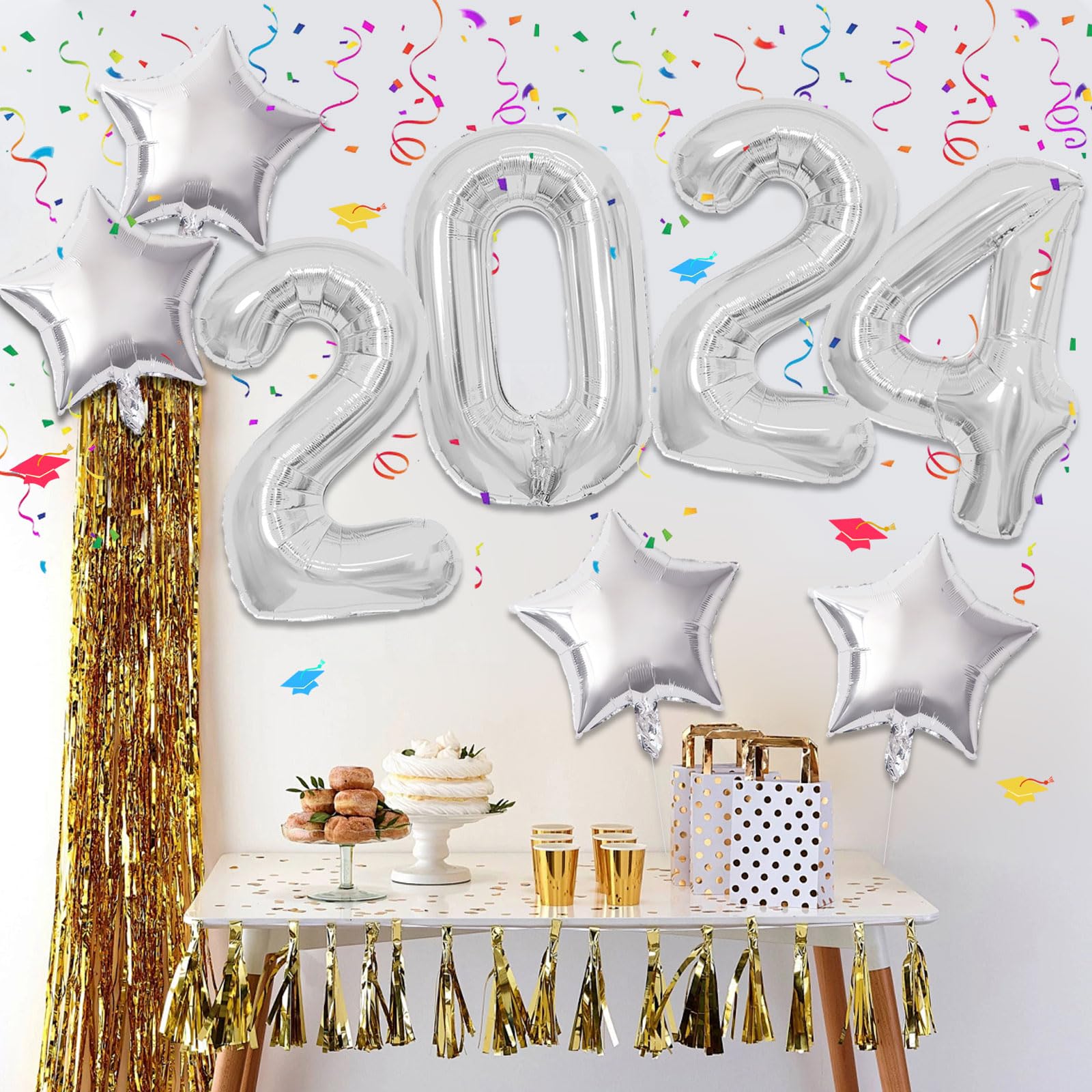 8 Pcs 2024 Balloons Graduation Class of 2024 Silver Number Balloons and Star Mylar Foil Balloons 40 Inch Silver Graduation Decorations, High School College Graduation Party Decorations Supplies