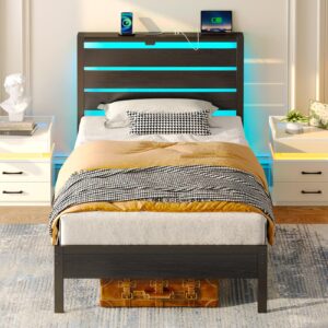 rolanstar bed frame twin size with usb charging station, led bed frame with wood storage headboard, black metal platform bed with under bed storage, no box spring needed, noise free