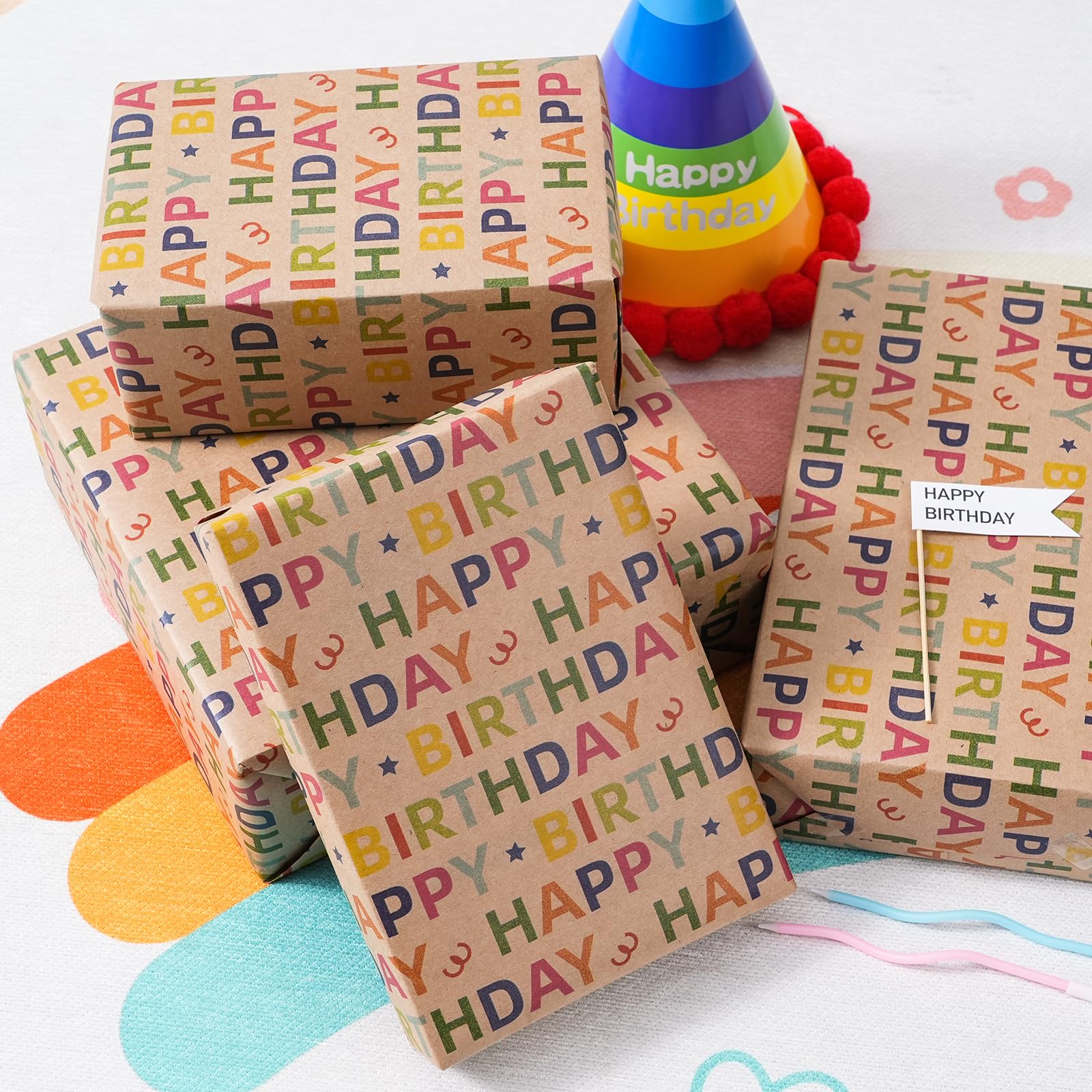 Ulmasinn Kraft Birthday Wrapping Paper - Mini Roll - 17 Inches X 33 Feet - for Boys Girls Kids - Colorful Happy Birthday Pattern Great for Birthday, Party, Baby Shower