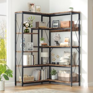 JAMFLY 5-Tier Corner Bookshelf, Industrial Corner Bookcase, Book Shelves with Metal Frame, Large Open Display Bookshelves, L-Shaped Shelf for Living Room, Home Office, Rustic Brown