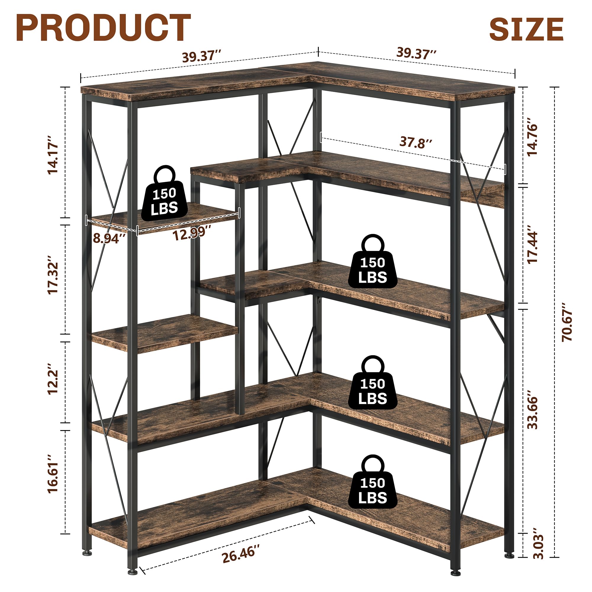 JAMFLY 5-Tier Corner Bookshelf, Industrial Corner Bookcase, Book Shelves with Metal Frame, Large Open Display Bookshelves, L-Shaped Shelf for Living Room, Home Office, Rustic Brown