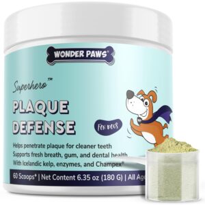 wonder paws dental powder for dogs – teeth cleaning & dental care made easy – removes plaque, tarter, stains & freshens breath – plaque & tartar remover for dogs of all ages – 60 scoops