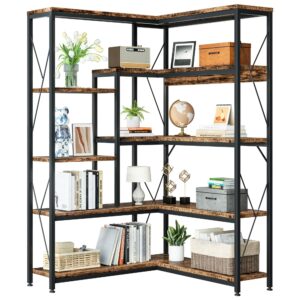 jamfly 5-tier corner bookshelf, industrial corner bookcase, book shelves with metal frame, large open display bookshelves, l-shaped shelf for living room, home office, rustic brown