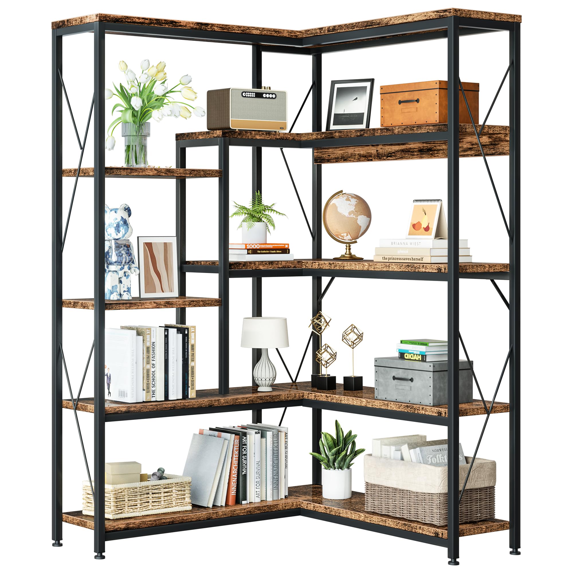 JAMFLY 5-Tier Corner Bookshelf, Industrial Corner Bookcase, Book Shelves with Metal Frame, Large Open Display Bookshelves, L-Shaped Shelf for Living Room, Home Office, Rustic Brown