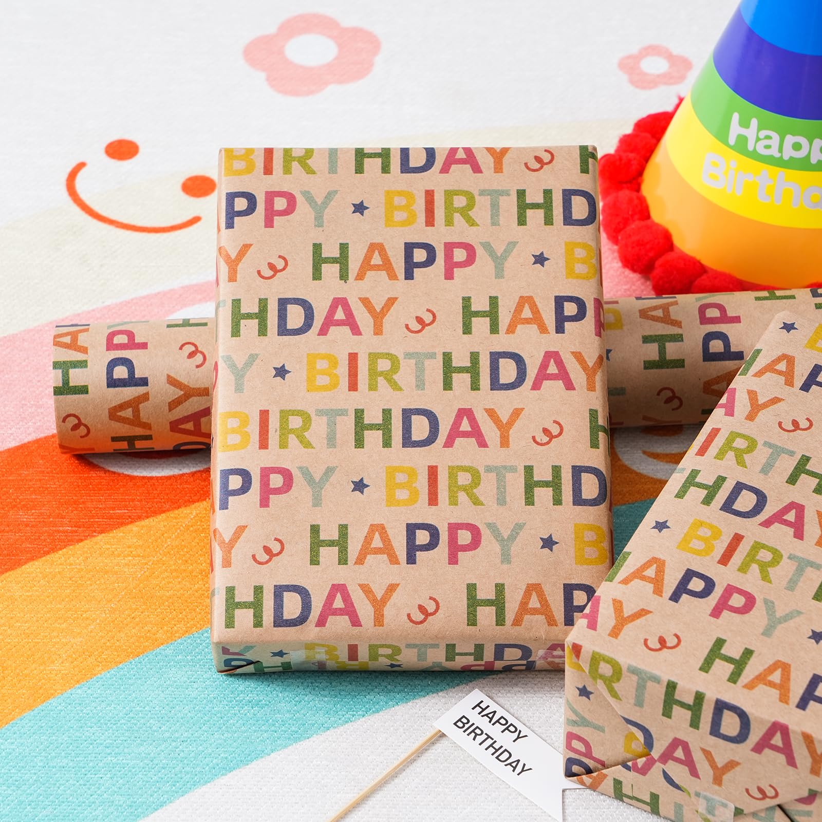 Ulmasinn Kraft Birthday Wrapping Paper - Mini Roll - 17 Inches X 33 Feet - for Boys Girls Kids - Colorful Happy Birthday Pattern Great for Birthday, Party, Baby Shower