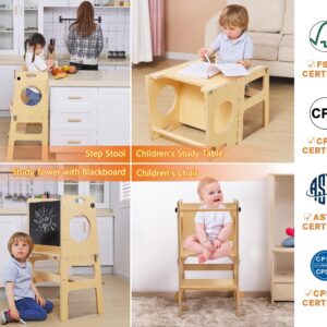 Foldable 4-in-1 Study Tower with Chalkboard for Learning, Montessori Kitchen Step Stool Toddlers Folding Stool for Kids 1-6years Ideal Helper