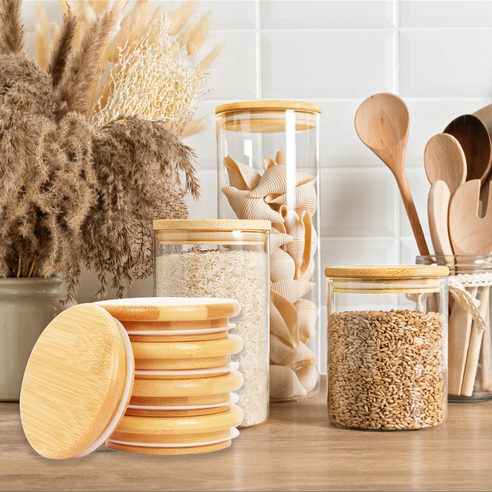 JSATFUL Mason Jar Bamboo Lids, 86mm/3.4 inch Natural Wooden Mason Jar Lids, Food Grade Material Silicone Sealing, 100% Fit and Airtight for Wide Mouth Mason Jars (6PCS Wide Lids)