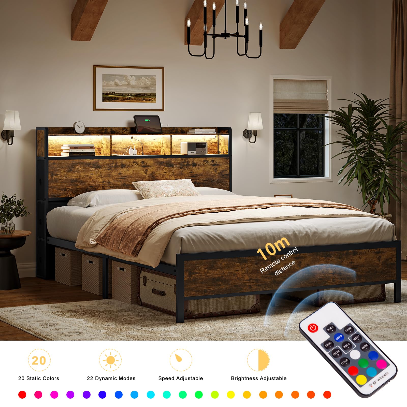 HAUSOURCE Queen Bed Frame with Bookcase Headboard and 6 Headboard Storage Drawers LED Lights Metal Platform Non-Slip Without Noise Metal Slats Support No Box Spring Needed