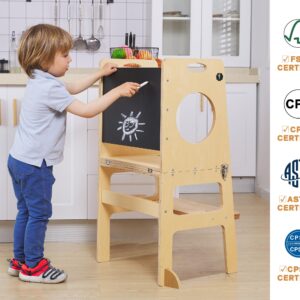 Foldable 4-in-1 Study Tower with Chalkboard for Learning, Montessori Kitchen Step Stool Toddlers Folding Stool for Kids 1-6years Ideal Helper