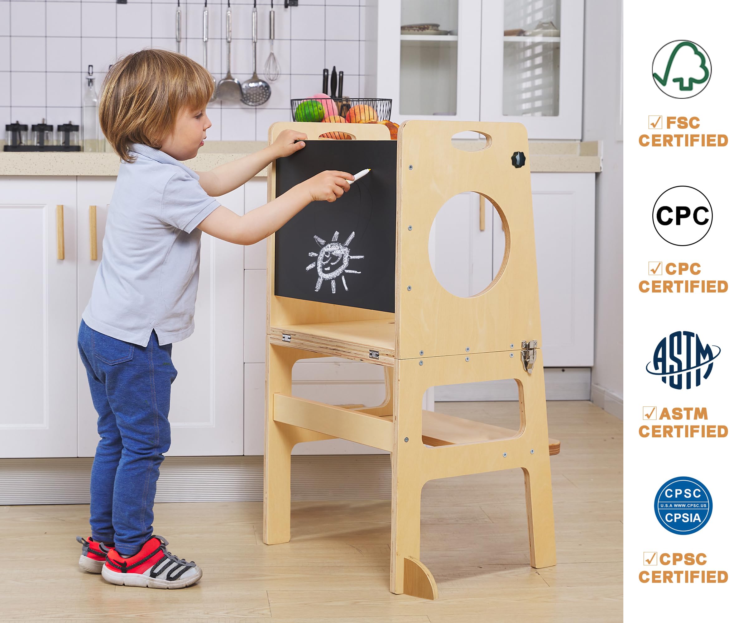 Foldable 4-in-1 Study Tower with Chalkboard for Learning, Montessori Kitchen Step Stool Toddlers Folding Stool for Kids 1-6years Ideal Helper