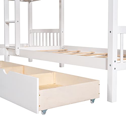 RORIGAT Twin Over Twin Quad Bunk Bed with Trundle Bed, L-Shape Bunk Bed for 4 with Ladder, Wooden Corner Bunk Bed for 4 Kids Boys Girls Teens,Gray