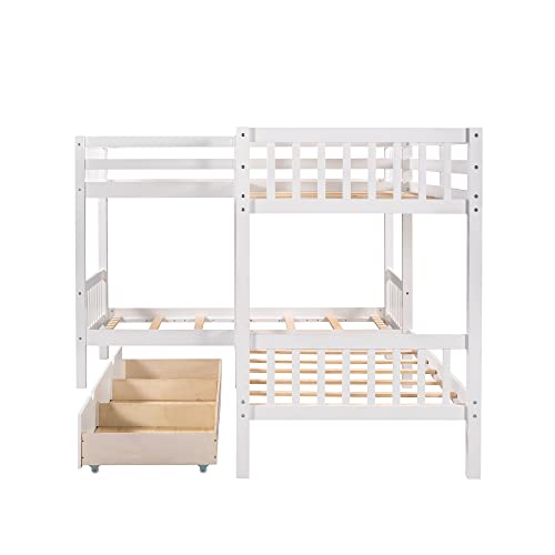 RORIGAT Twin Over Twin Quad Bunk Bed with Trundle Bed, L-Shape Bunk Bed for 4 with Ladder, Wooden Corner Bunk Bed for 4 Kids Boys Girls Teens,Gray