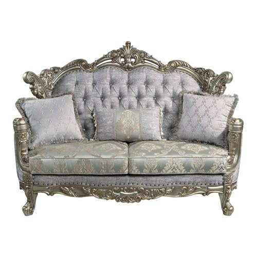 Acme Furniture Miliani Tufted Fabric & Wood Loveseat with 3 Pillows in Gray