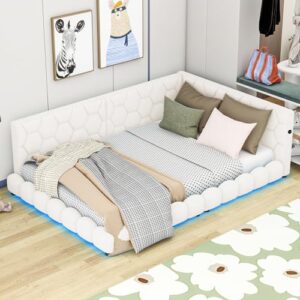 rorigat upholstered full size platform bed with usb ports and led belt,wood teddy fabric corner daybed frame for bedroom,white