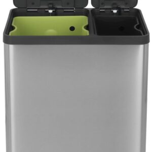 60 Liter / 16 Gallon Rectangular Hands-Free Dual Compartment Recycling Kitchen Step Trash Can with Soft-Close Lid, Brushed Stainless Steel (38L x 22L Capacity)