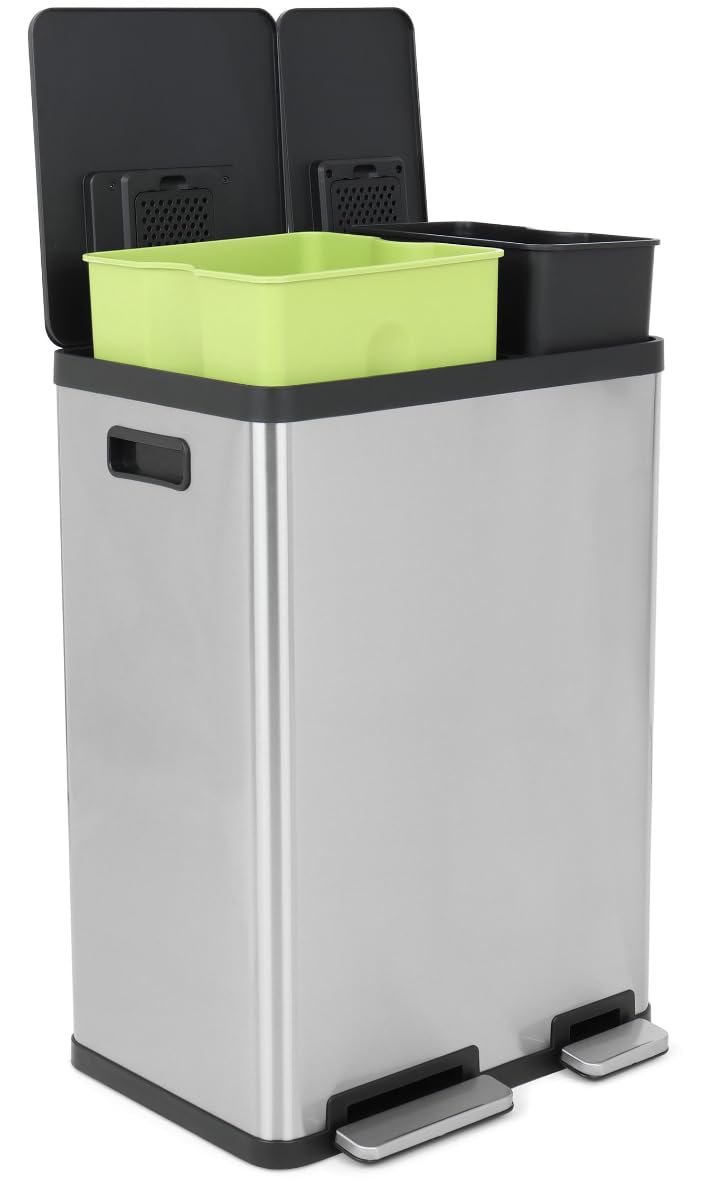 60 Liter / 16 Gallon Rectangular Hands-Free Dual Compartment Recycling Kitchen Step Trash Can with Soft-Close Lid, Brushed Stainless Steel (38L x 22L Capacity)